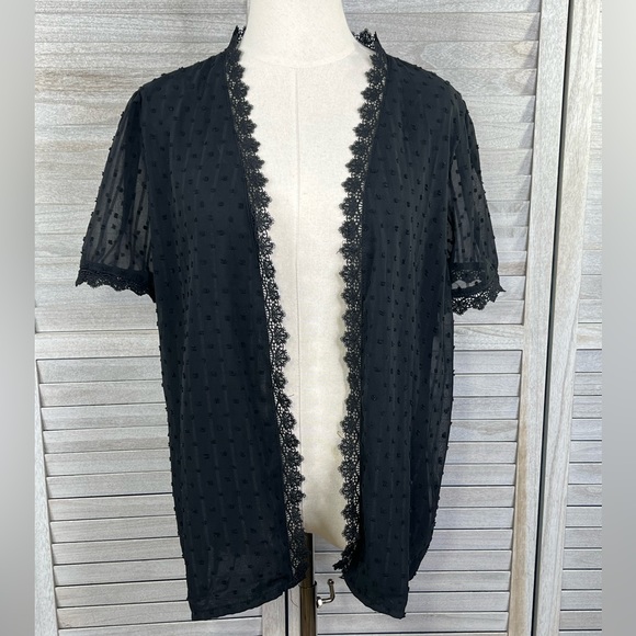 Tops | Black Swiss Dot Sheer Chiffon Dusteropen Front Blouse W Lace ...